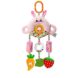 D-KINGCHY Baby Car Seat Stroller Toys Hanging Animal Plush Toys Soft Teething Rattle Toys Newborn Crib Bed Around Stuffed Toy with Wind Bell, Teether, Rattle Sound, Ring for 0-3 Years Old (Rabbit)