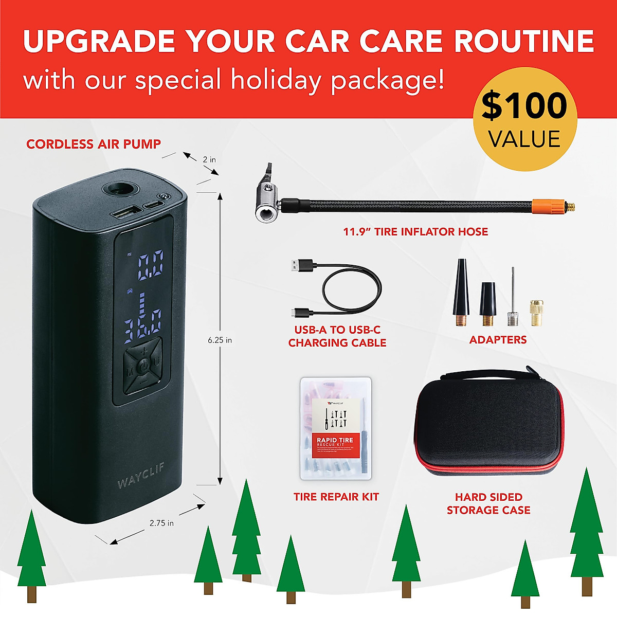 WAYCLIF 4-in-1 Tire Inflator Portable Air Compressor w/Quick Inflate Technology, Tire Pressure Gauge, Dual Screen, 150 PSI Cordless Air Pump for Cars, Bikes, Balls, Inflatable & Tire Repair Kit, Case