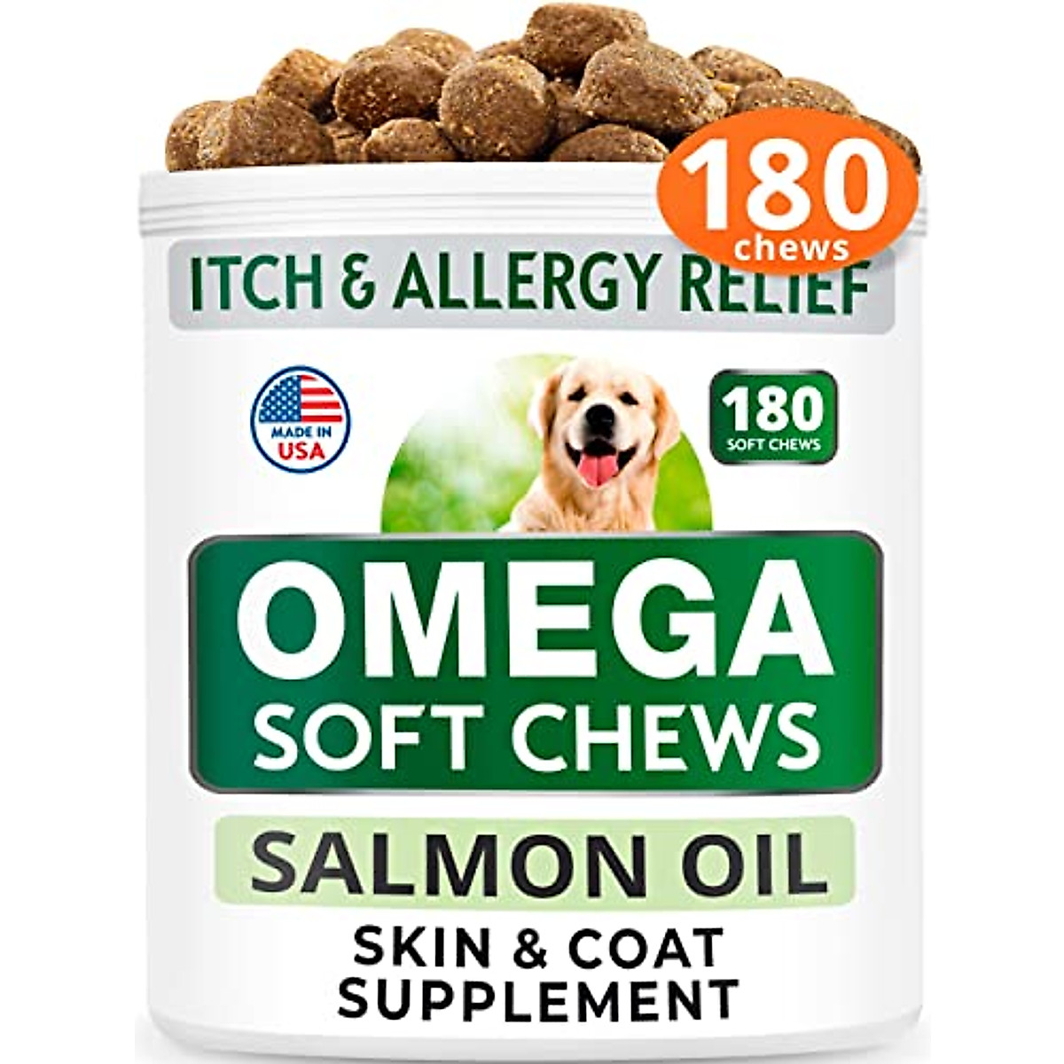Bark&Spark Omega 3 for Dogs - 180 Fish Oil Chews for Dog Shedding, Skin Allergy, Itch Relief, Hot Spots Treatment - Joint Health - Skin and Coat Supplement - EPA & DHA Fatty Acids - Salmon Oil