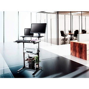 Monoprice Height Adjustable PC Workstation Cart - for Seated or Standing Position, with 28 Inch Table Top,Two Additional Accessory Shelves, Ideal for Work and Home, Black, Keyboard+ Monitor