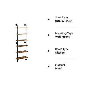 ZIOTHUM 6-Tier Industrial Pipe Shelves Shelf Shelving Rustic Wood Metal Wrought Iron Ladder Bookcase Bookshelf Wall Mounted Mount DIY Loft Vintage Floating Hanging Storage Display (23.6x9.8x78.7”)