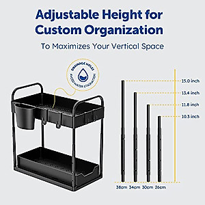 Height-Adjustable 2-Tier Under Sink Organizer and Storage, 2 Pack Large Capacity Heavy Load Pull-Out Under Sink Shelves with Sliding Drawer for Kitchen and Bathroom, Black