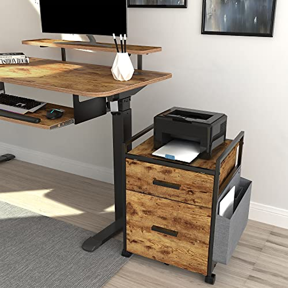 EUREKA ERGONOMIC File Cabinet 2 Drawers, Rolling File Cabinet with Bag for Home Office, Under Desk Rolling File Cabinet, Wood Filing Cabinet, Printer Stand with Storage, Rustic Brown