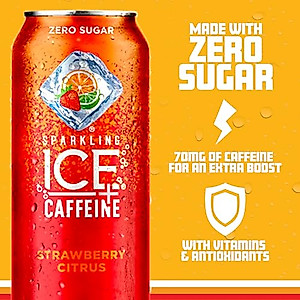 Sparkling Ice +Caffeine Strawberry Citrus Sparkling Water, with Antioxidants and Vitamins, Zero Sugar, 16 fl oz Cans (Pack Of 12)