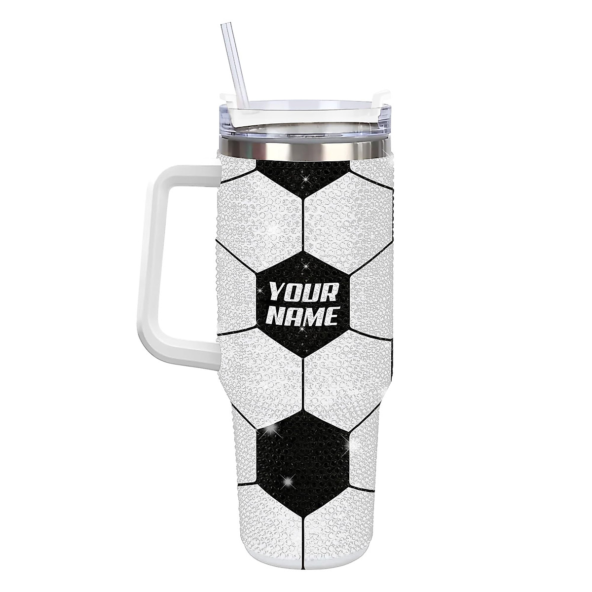 Personalized Football Soccer Glitter Rhinestone Tumbler | Custom Name Diamond Bling Cup 40Oz With Straw | Christmas Gift For Soccer Enthusiasts