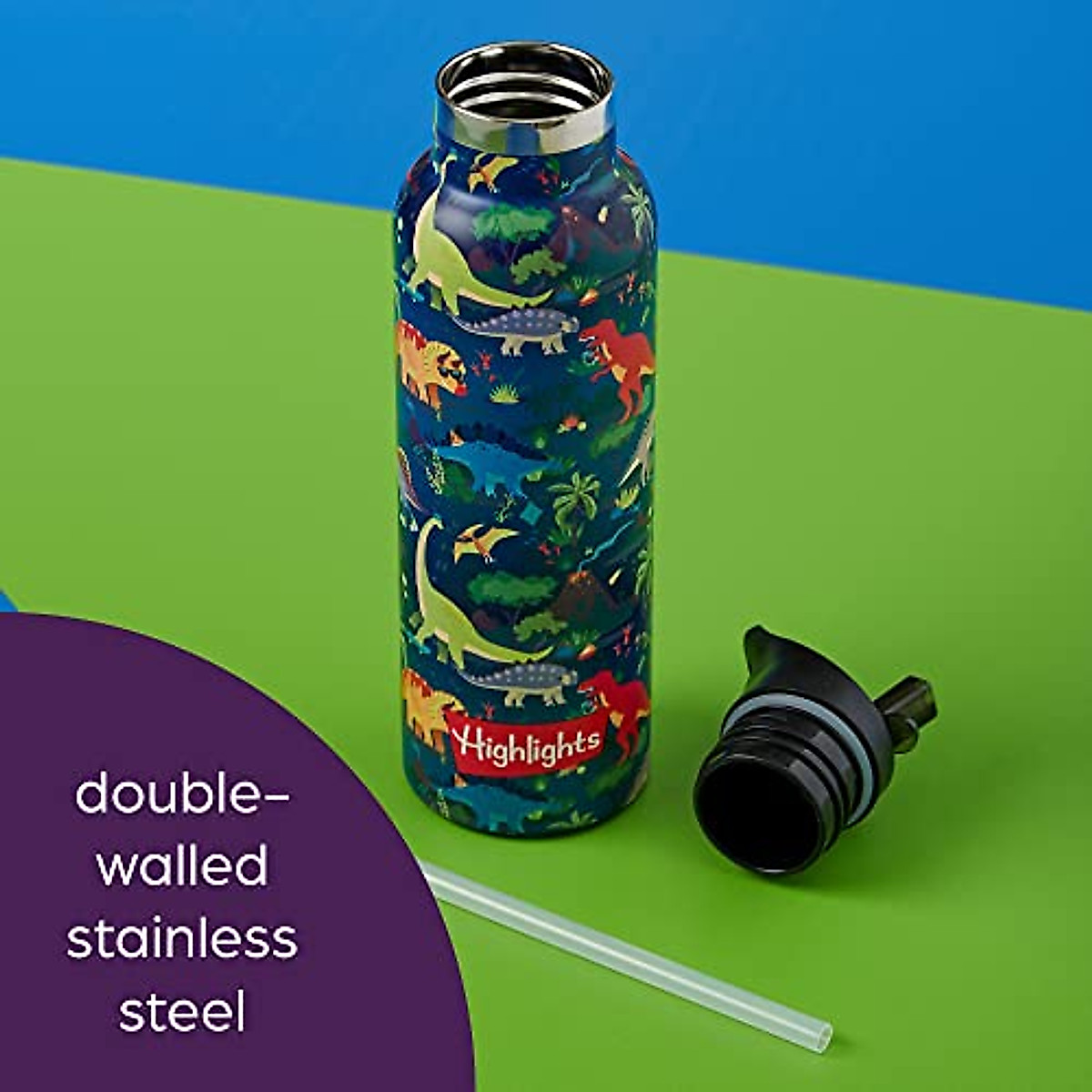 Highlights Insulated Water Bottle for Kids, 20-Ounce Stainless Steel Water Bottles for Boys and Girls, Double Wall Vacuum Insulated, Kids Water Bottle for School (Dinosaur - Green)