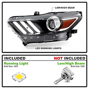 ACANII - For [HID/Xenon Model] 2015-2017 Ford Mustang LED Tube Projector Headlight Headlamp Assembly Left Driver Side