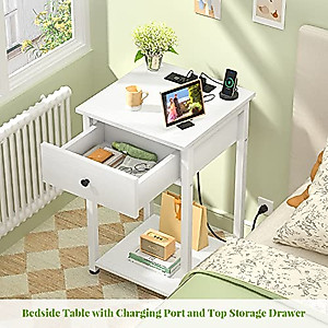 Ecoprsio Nightstand Set of 2 with Charging Station, White End Table Side Table with USB Ports, Wood Night Stand, White Bedside Table with Drawer and Shelf for Bedroom, Living Room, Sofa Couch, White