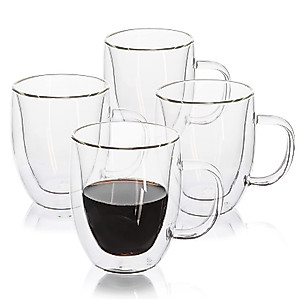 G Double Wall Coffee Mug Set of 4 With Handle, 12.4 oz Insulated Glassware Espresso Cups For Iced/Hot Tea Latte Beverages Large Cappuccino Borosilicate Drinking Glasses Tea Cup