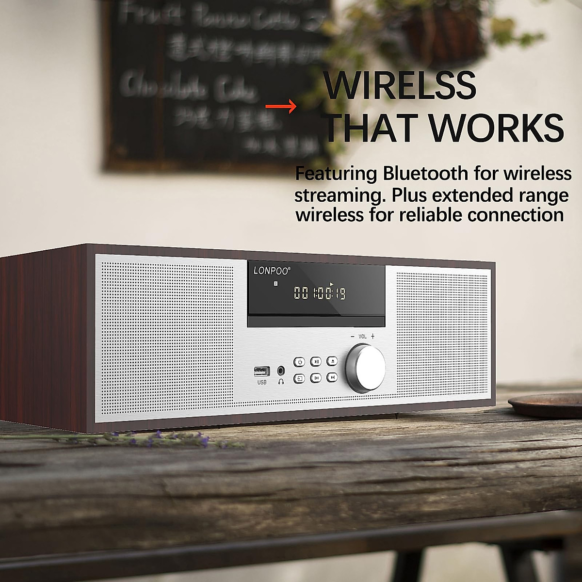 LONPOO Nostalgic Home Stereo System, Vintage Micro Component 40W RMS CD Player & Wireless Bluetooth Audio Streaming,FM Radio,USB Playback,Aux-in & Earphone Port