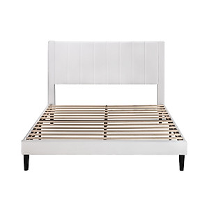 Allewie Queen Bed Frame/Velvet Upholstered Bed Frame with Vertical Channel Tufted Headboard/Strong Wooden Slats/Platform Bed Frame/Mattress Foundation/Box Spring Optional/Easy Assembly/White