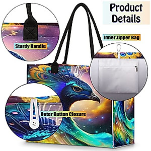 cfpolar Colorful Peacock Reusable Grocery Shopping Bag with Hard Bottom, HHQQQQ Large Foldable Multipurpose Heavy Duty Tote with Zipper Pockets, Sustainable, Durable and Eco Friendly, Beach Bag