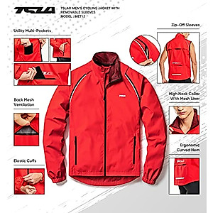 TSLA Men's Cycling Jacket with Removable Sleeves, Reflective Vest Windbreaker, Lightweight Waterproof Running Jackets, Cycling Red, Small