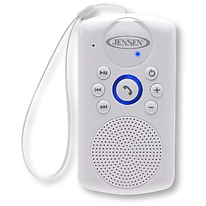 Jensen Bluetooth Rechargeable Shower Speaker, Water Resistant Mylar Speaker and Built-in Speaker and Microphone, Built-in Rechargeable Lithium Battery with USB Charger Cable Included