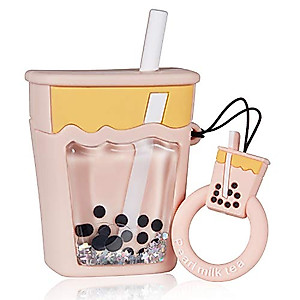 Coralogo for Airpods 1/2 Cute Case, 3D Cartoon Food Boba Fashion Soft Silicone Airpod Skin Funny Fun Shining Bling Twinkle Design Accessories Cover Air pods Cases for Kids Teens Girls (Quicksand Tea)