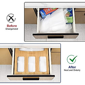 Ziplock Bag Organizer for Kitchen Organization, Natural Bamboo Kitchen Food Storage Bag Organizer, Good for Snack, Sandwich, Quart, Gallon size bags