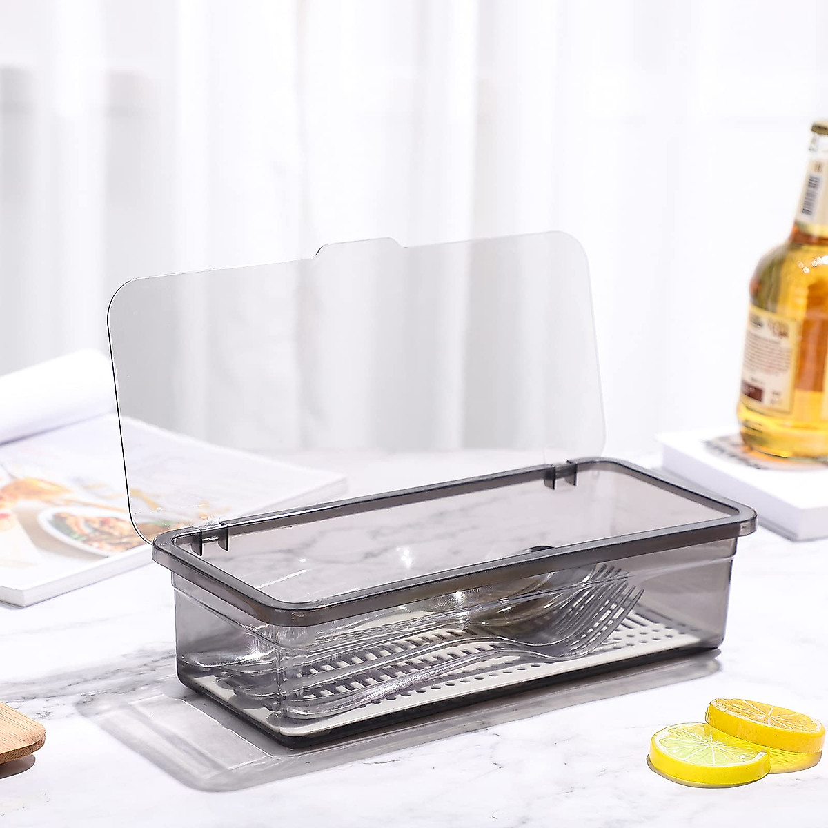 Angoily Flatware Tray with Lid and Drainer, Tableware Utensil and Cutlery Drawer Organizer with Lid Covered Silverware Tray to Keeps Your Cutlery Organized and Protected ( Black )