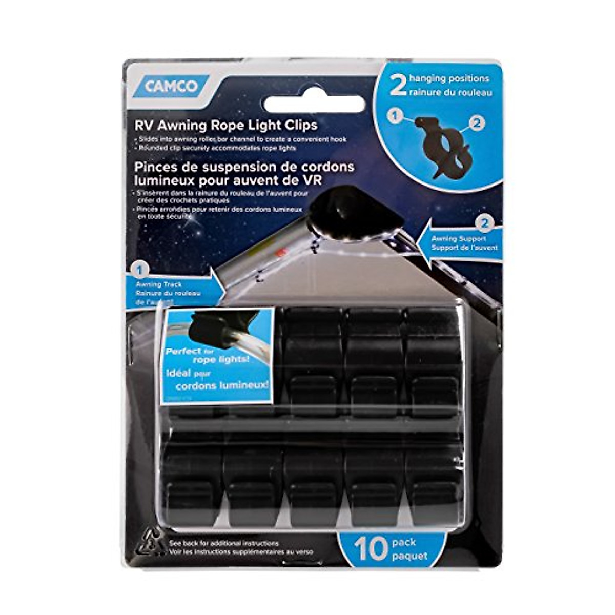 Camco Black Standard Awning Clip for Rope Light - Slides into Awning Roller Bar Channel to Create a Convenient Hook | Two Hanging Positions | Holds Party Lights, RV Lights, String Lights - (42708)