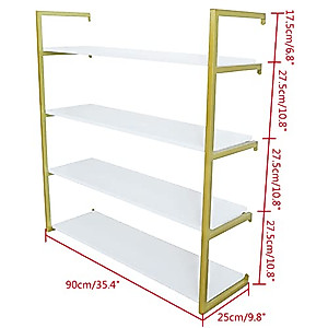 GDAE10 Modern Wall Mounted Shelf Gold Metal Wall Shelf with Wooden Board Floating Storage Rack Wall Mounted Bookshelf Suitable for Living Room Study Bedroom (36 Inch 4 Layer)