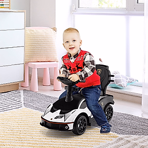 Costzon Push Cars for Toddlers, 3 in 1 Licensed Lamborghini Stroller Sliding Walking Car w/Handle, Armrest Guardrail, Underneath Storage, Horn, Foot-to-Floor Ride On Toy for Boys Girls (White)