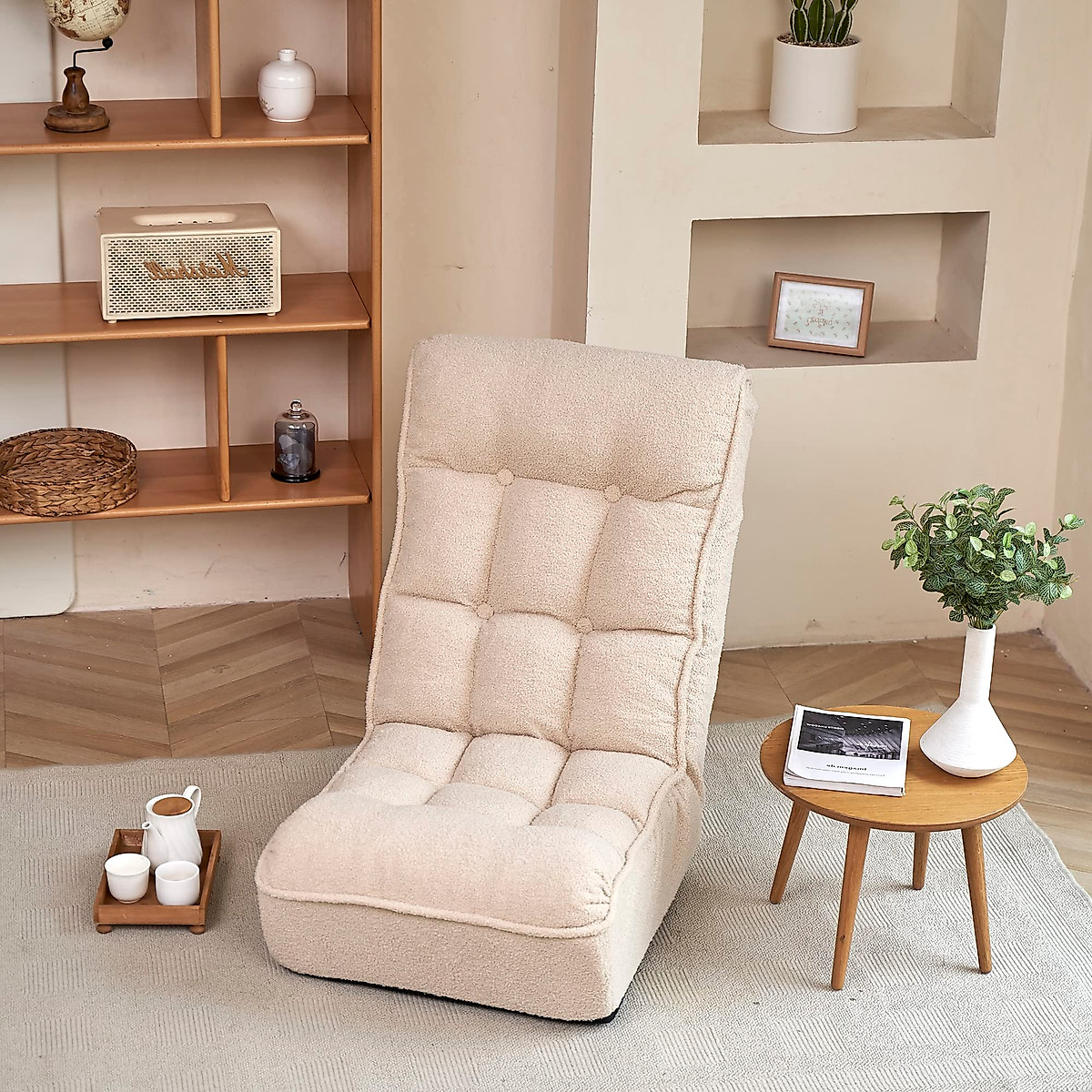 FIQHOME Lounge, Single, 3 Angles Adjustable Floor, Folding Japanese Lazy Sofa Tatami Balcony Reclining Chair for Living Room,White