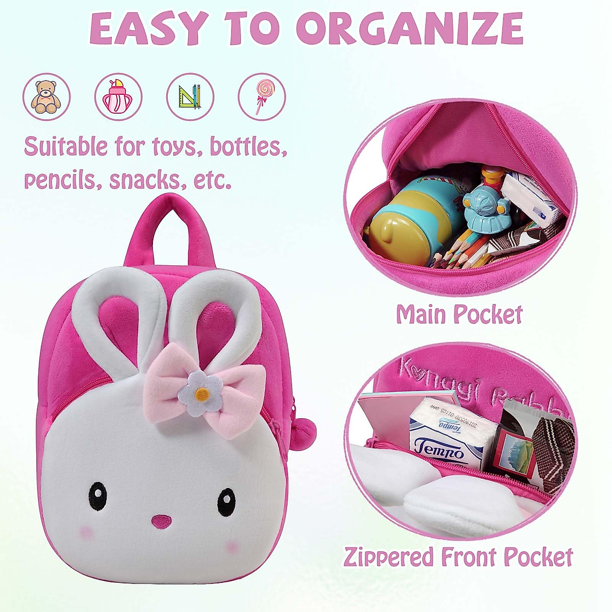 Toddler Backpack for Girls, ChaseChic Cute Cartoon Mini Plush Lightweight Soft Baby Backpack, Daycare backpack, Bunny