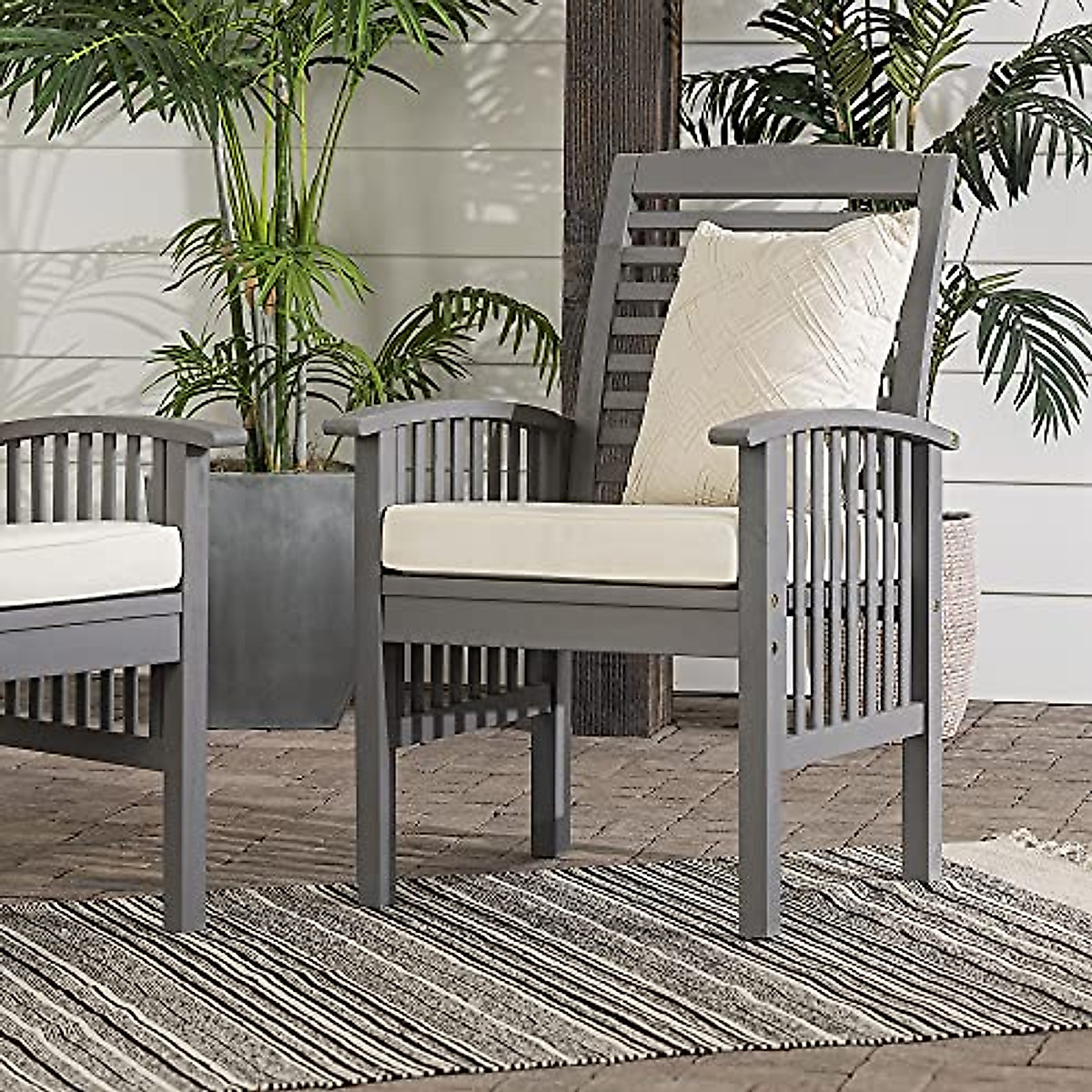 Walker Edison Rendezvous Modern 2 Piece Solid Acacia Wood Slat Back Outdoor Dining Chairs, Set of 2, Grey Wash