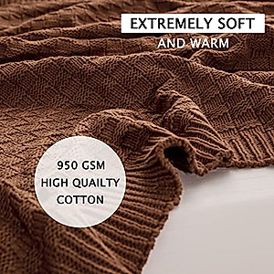 HT&PJ Knit Throw Blanket Cotton Throw Blanket with Tassels Super Soft Warm Cozy Solid Decorative Blanket for Bed, Sofa, Couch, Living Room All Seasons-Caramel, 50"×70"