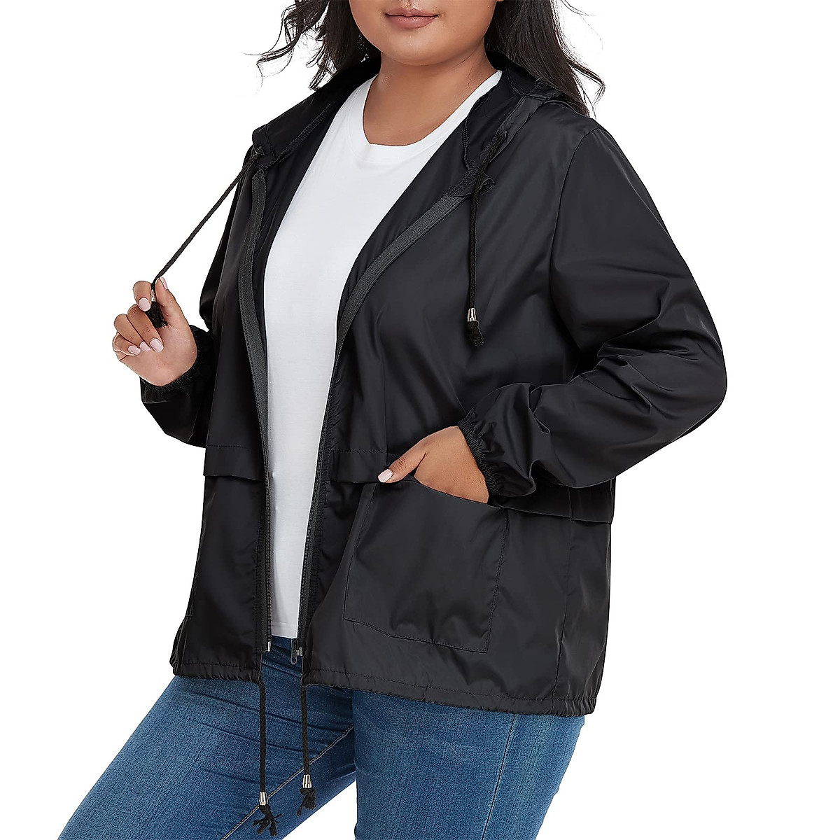 American Trends Plus Size Women Rain Coats Lightweight Waterproof Outdoor Rain Jacket Hooded Packable Windbreaker Jacket for Women A Black 3XL