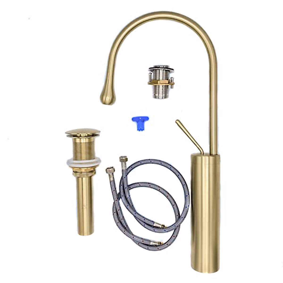 Luxury High Arc Single Handle One Hole,Tall Modern Bathroom Vessel Sink Faucet, Solid Brass Lavatory Vanity Faucet, Free Pop Up Drain Assembly and Water Hoses. cUPC Certified (Brushed Gold)
