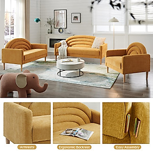QNZK 63.78" W Modern Loveseat Sofa Simple Assembly 3-Seat Couch for Living Room Wooden Legs Linen Upholstery (Yellow)