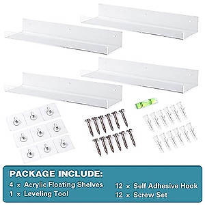 Set of 4, Acrylic Floating Shelf Wall Mount, Self-Adhesive 15" Invisible Clear Kids Book Display Shelves, Kids Bookshelf, Bathroom/Kitchen Wall Ledge Shelf for Decoration and Organizer