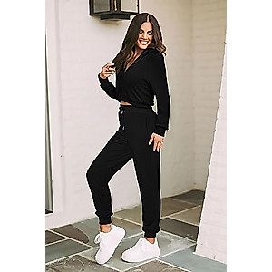MASCOMODA 2 Piece Outfits for Women 2023 Fall Hoodie Sweatshirt Tracksuit and Sweatpants Workout Sets with Pockets (Black, Large)