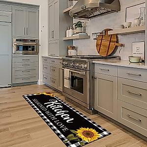 Tatuo Sunflower Kitchen Mat Set of 2 Farm Non Slip Thick Kitchen Rugs and Mats Plaid Waterproof Anti Fatigue Mats for Kitchen Floor Kitchen Rug Runner Standing Mat, 17 x 47 Inch, 17 x 28 Inch