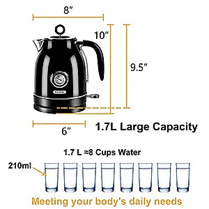 1.7L Stainless Steel Electric Water Kettle Boiler with Thermometer, Temperature Gauge and Auto Shut Off, 1500W Hot Water Heater with Boil Dry Protection, Black