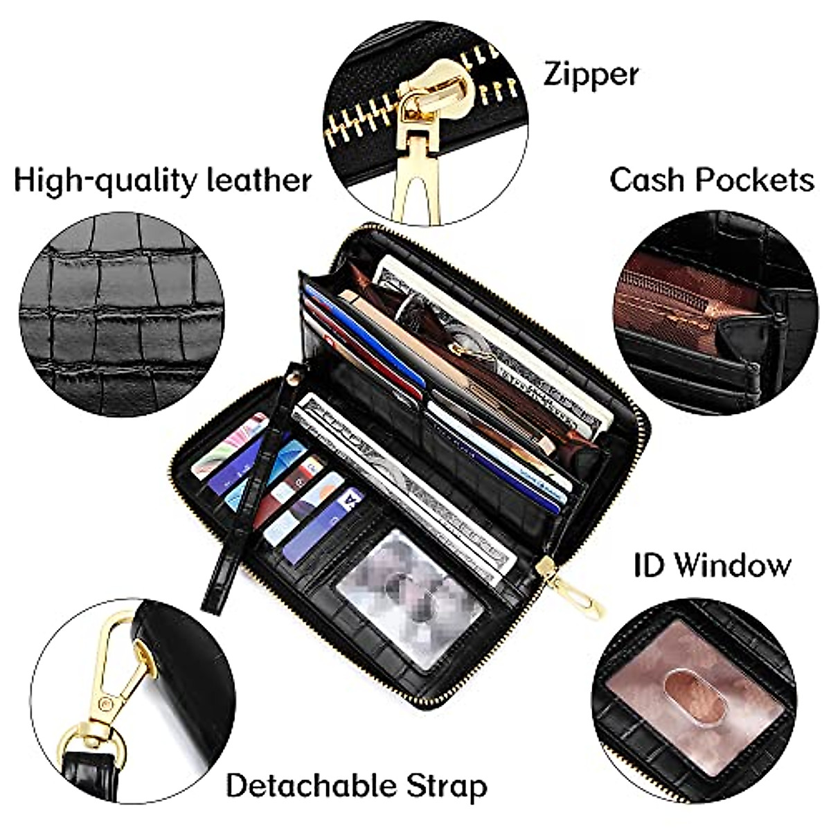 Badiya Womens Wallet RFID Blocking Leather Zip Around Wallet Large Capacity Credit Card Long Purse Clutch Wristlet