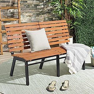 Soleil Jardin Outdoor Acacia Wood Garden Bench with Steel Legs, Patio Porch Chair Furniture, Slatted Design w/Backrest for Lawn, Balcony, Yard