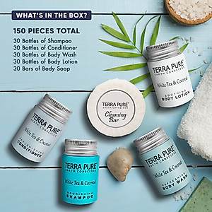 Terra Pure White Tea & Coconut Toiletries Set | 1-Shoppe Amenities Kit | 1oz Shampoo & Conditioner, Body Wash, Lotion, 1.25oz Bar Soap | Travel Size | 150 Pieces