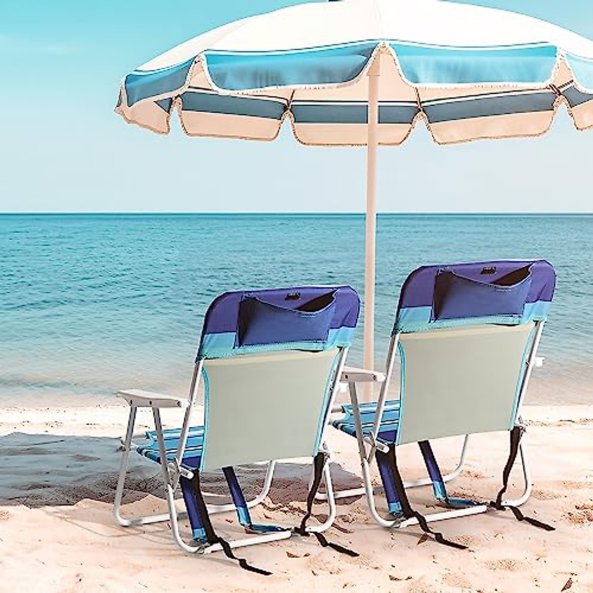 Beach Chairs for Adults 2 Pack, Lightweight Backpack Beach Chair with Shoulder Straps, Low Beach Chair Support 265lbs, Folding Beach Chair for Beach, Camping, Hiking, Picnic, Blue