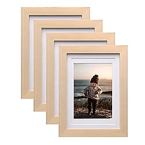 KINLINK 5x7 Picture Frames Natural Wood Frames with Acrylic Plexiglass for Pictures 4x6 with Mat or 5x7 without Mat, Tabletop and Wall Mounting Display, Set of 4