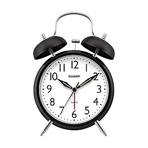 SHARP Twin Bell Alarm Clock - Loud Alarm - Great for Heavy Sleepers - Battery Operated Quartz Analog Clock (Midnight Black)