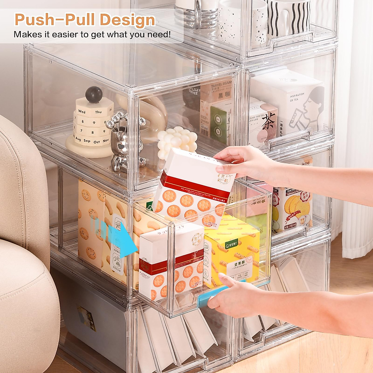 DILIBRA 2 Packs Plastic Stackable Storage Organizer Bins with Pull Out Drawer, Large Clear Acrylic Storage Drawers Container Boxes for Fridge Pantry Shelf Clost Refrigerator Organization and Storage