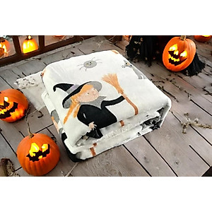 Halloween Throw Blanket: Cute Girl Witch with Faithful Cat Surrounded by Spiders and Bats Print on Fuzzy Soft Velvet Fleece Throw Blanket