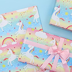 Birthday Wrapping Paper For Kids Girls Boys, Unicorn Design Gift Wrapping Paper for Birthday Baby Shower with 78.7 inches Ribbon, 4 Sheets Folded Flat 20x28 inches per sheet