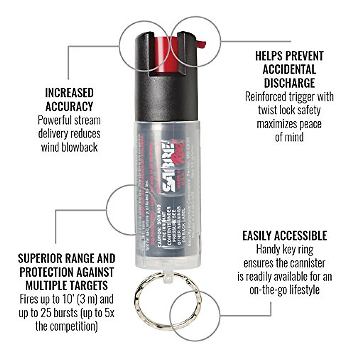 SABRE RED Pepper Spray with Key Ring, Police Strength Pepper Spray, 25 Bursts (Up to 5x Other Brands), 10-Foot (3-Meter) Range