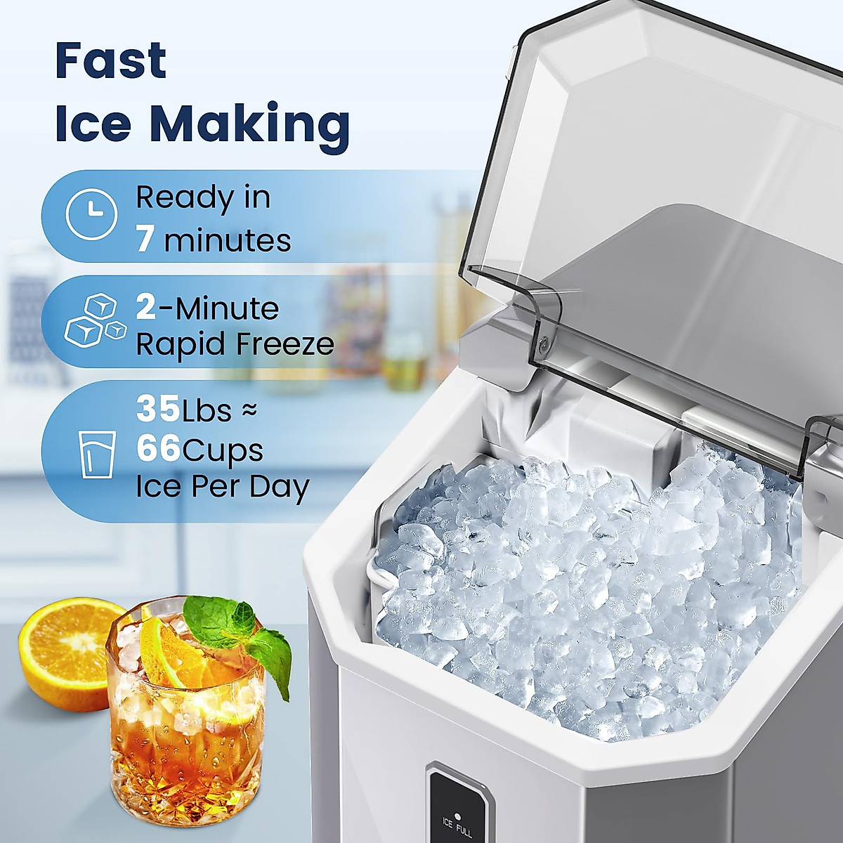 FREE VILLAGE Nugget Ice Maker Countertop, Pebble with Soft Chewy Pellet Ice, 11,000pcs/35Lbs/Day, Self-Cleaning, One-Click Operation, Portable Machine for Home Kitchen Bar Party, Grey