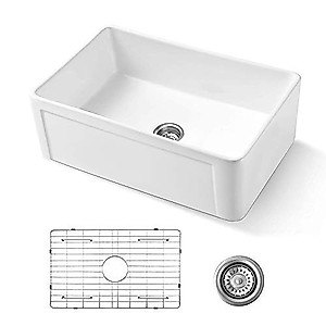CELAENO 30 inch White Farmhouse Sink, Fireclay Porcelain Single Bowl Apron-Front Kitchen Sink, Reversible Ceramic Farm Sink with Strainer & Protective Bottom Grid