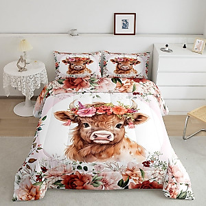 Feelyou Cute Highland Cow Comforter Set Twin Size Kids Cartoon Animal Comforter for Boys Girls Teens Flower Floral Print Bedding Set Farm Zoo Garden Theme Duvet Set Room Decor