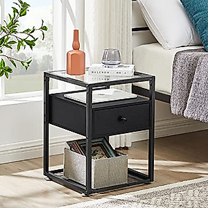 VECELO Bedside End Table, Modern Nightstand with Drawer, Night Stand for Living Room Bedroom, Tempered Glass, Black