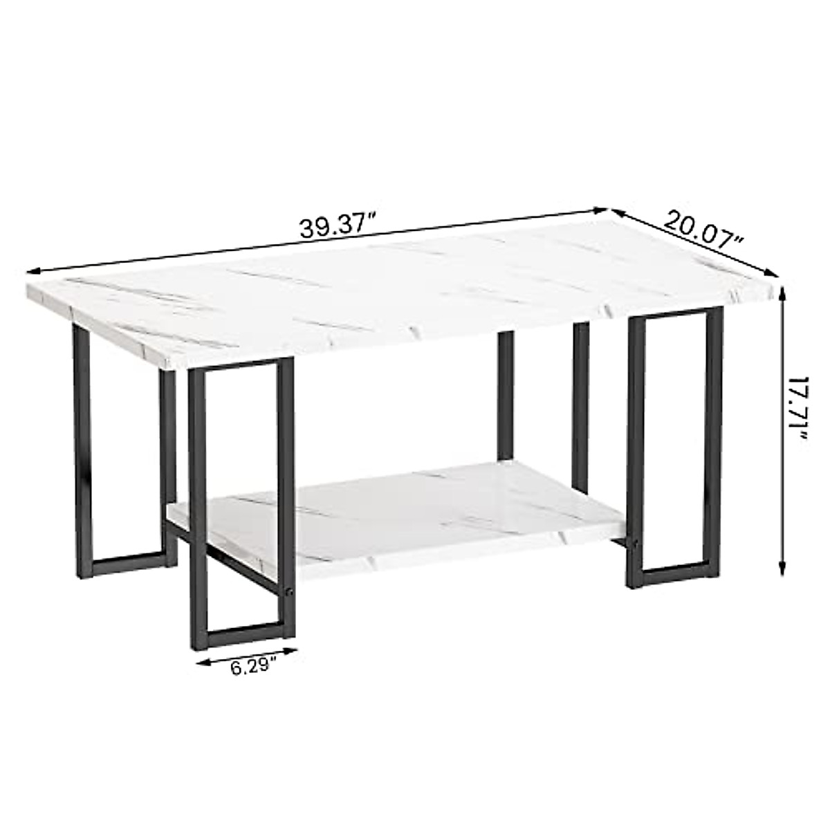 AWQM Marble Coffee Table, Faux Marble Top Rectangular Coffee Table with Black Metal Frame, 2 Tier Living Room Table for Living Room, Office, Balcony, White, 40 Inch